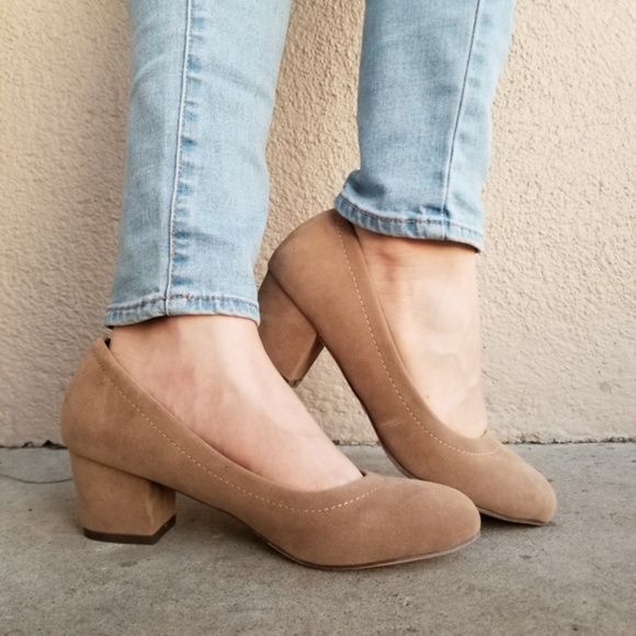 Shoes | Taupe Vegan Suede Round Toe Chunky Heel Pump | Poshmark